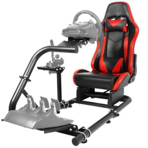 supllueer sim racing cockpit stand with red playseat fit for logitech,fanatec,thrustmaster, g29 g27 g920 g923 t300, racing simulator cockpit frame racing seat, wheel pedal handbrake not included