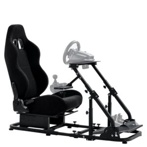 supllueer sim racing cockpit black racing seat wheel stand with 2 arms support fit for logitech/thrustmaster/fanatec g25 g27 g29 g920 tx t300 v9, racing simulator frame, no wheel pedal shifter