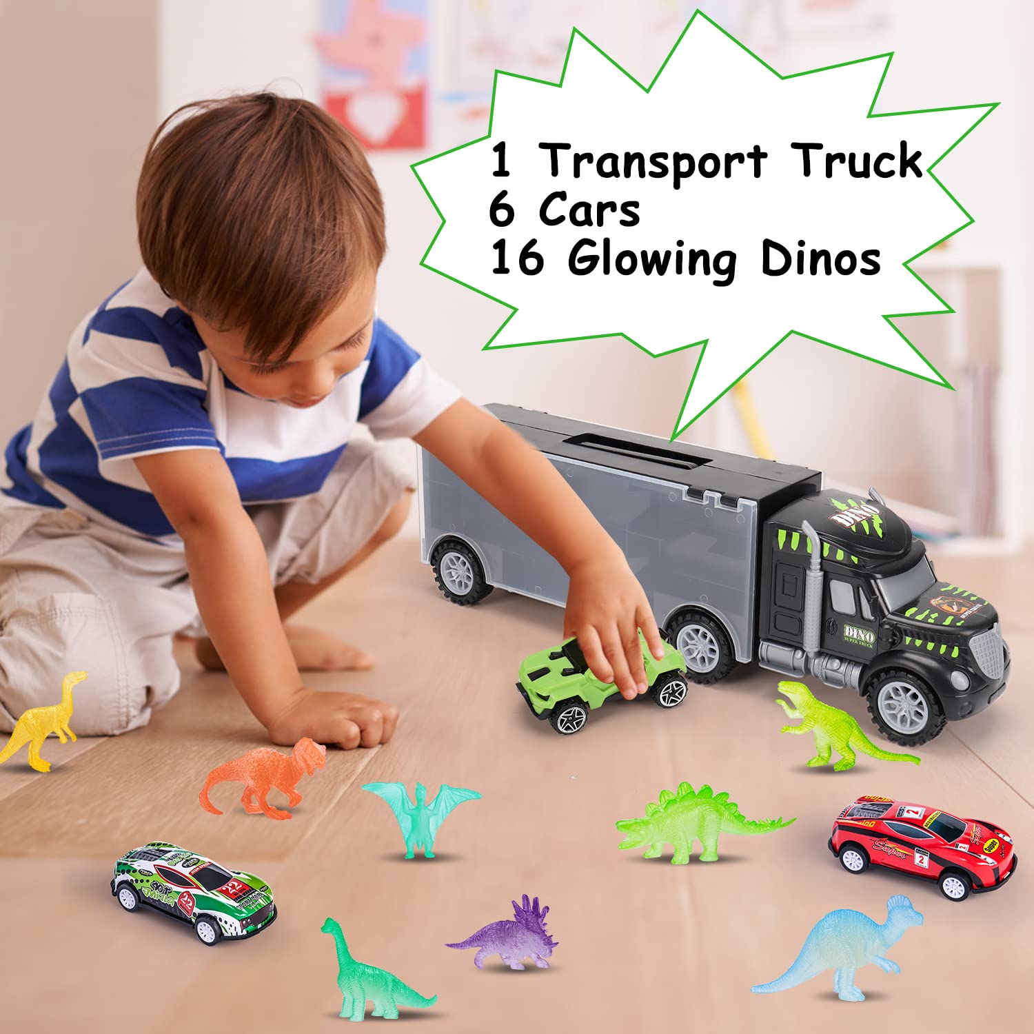 Transport Truck and Car Toys for 3 4 5+ Year Old Boys Birthday Gifts Carrier Truck Vehicle Toddler Boy Toys Age 3-4 4-7 Dinosaur Toys for Kids 3-5 5-7 with Glowing Dino Figures Boy Presents