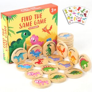 protado wooden match memory game for kids, 24pc memory matching cards with 5pc tattoo stickers, educational memory matching game for pre-kindergarten early learning development kids-dinosaur