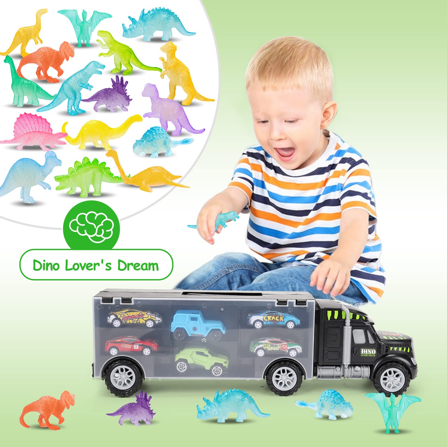 Transport Truck and Car Toys for 3 4 5+ Year Old Boys Birthday Gifts Carrier Truck Vehicle Toddler Boy Toys Age 3-4 4-7 Dinosaur Toys for Kids 3-5 5-7 with Glowing Dino Figures Boy Presents