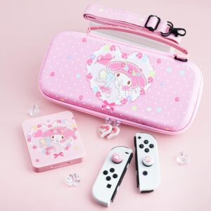 GLDRAM Pink Carrying Case Bundle for Nintendo Switch & OLED Modle, Cute Anime Switch Travel Case with Bunny, Portable Carrying Accessories Kit with Shoulder Strap, Game Card Case, Thumb Grip Caps