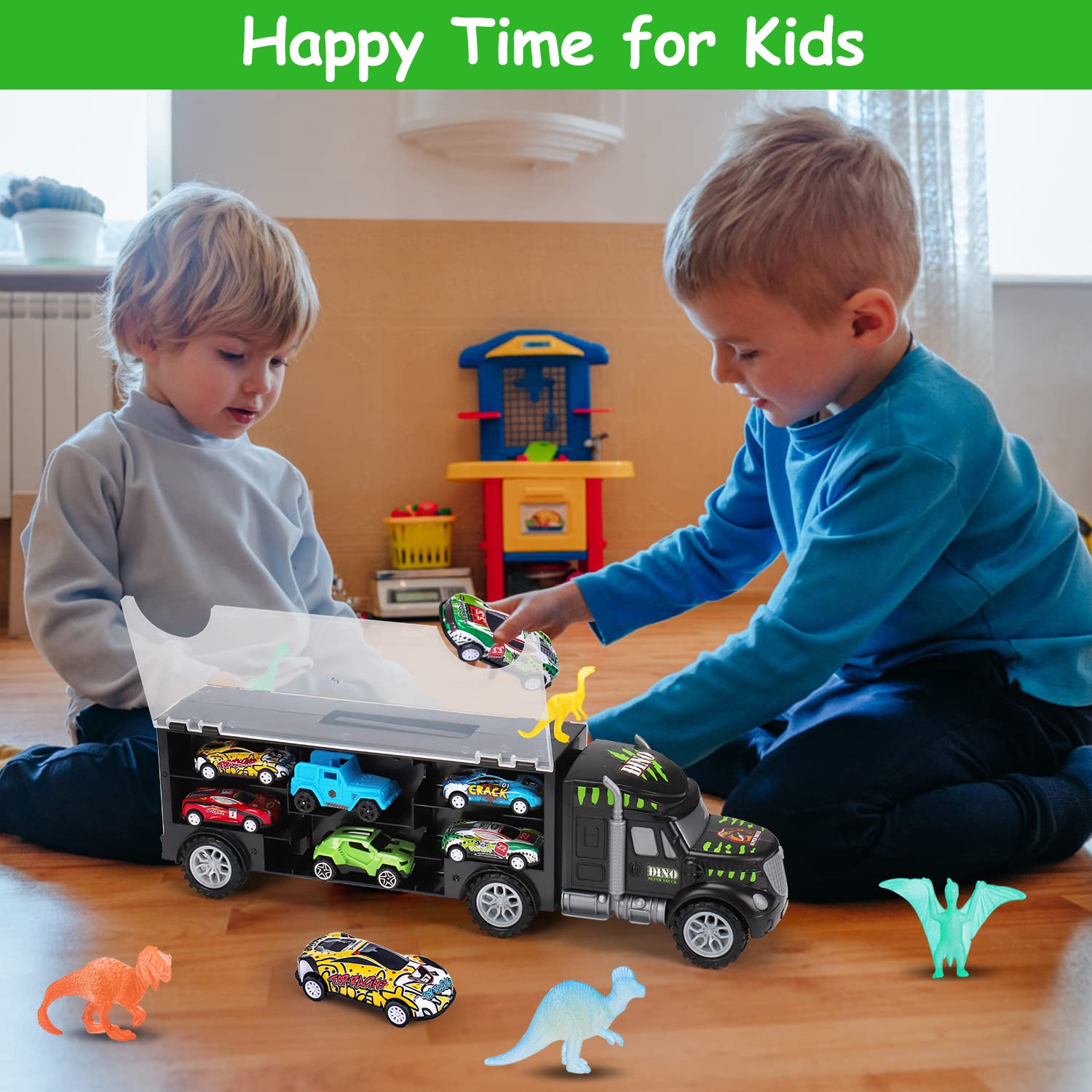 Transport Truck and Car Toys for 3 4 5+ Year Old Boys Birthday Gifts Carrier Truck Vehicle Toddler Boy Toys Age 3-4 4-7 Dinosaur Toys for Kids 3-5 5-7 with Glowing Dino Figures Boy Presents