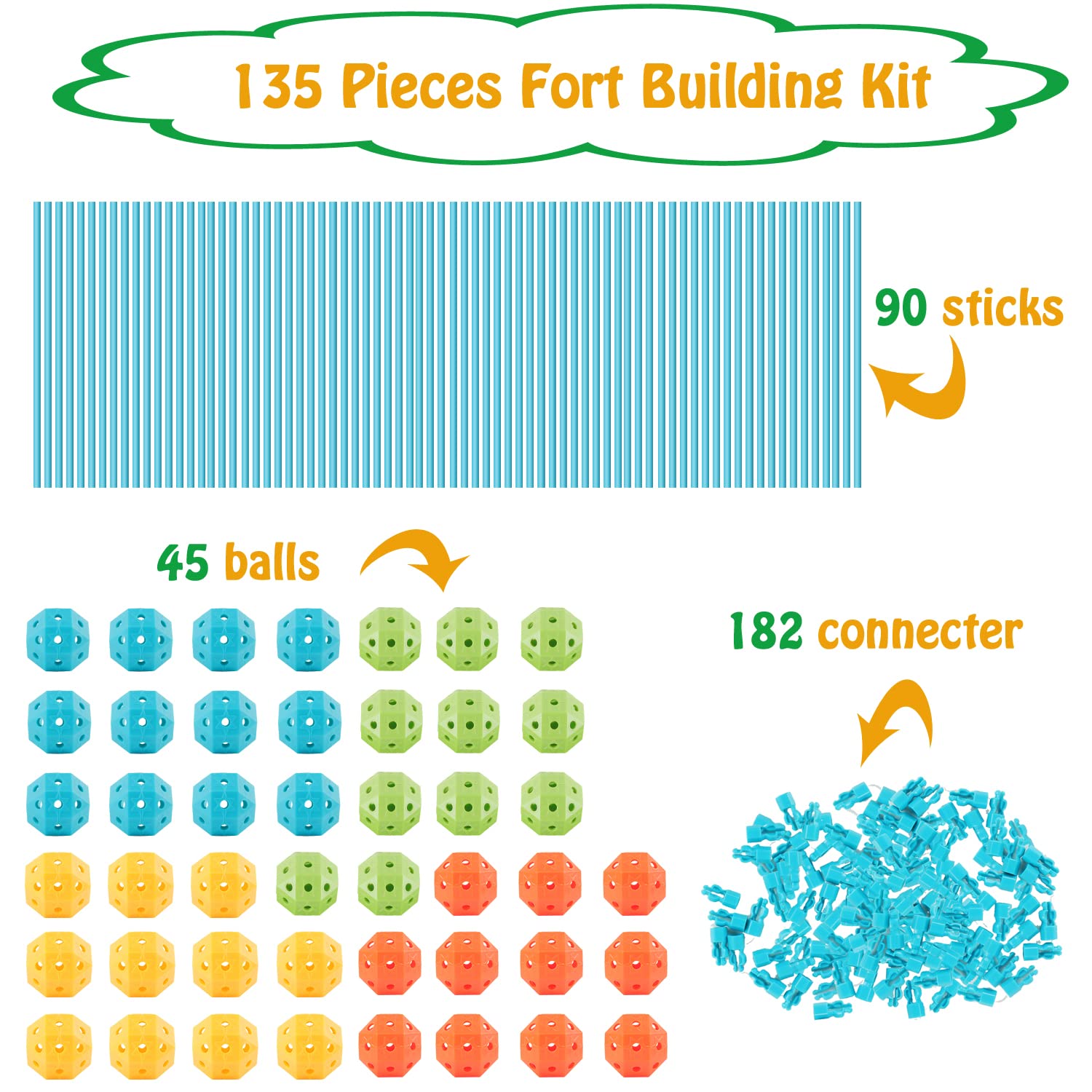 Kids Fort Building Kit,135Pcs Construction Toys for 3-12 Years Old Boys and Girls Indoor&Outdoor Toys Gift DIY Castles Tunnels Play Tent Rocket Tower