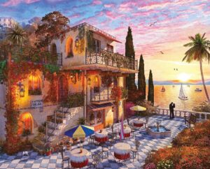 majestic by springbok - mediterranean romance 1000 piece jigsaw puzzle for adults - escape in a romantic scene of a warm sunset on the mediterranean coast