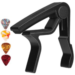 capo guitar capo with pick holder for acoustic and electric guitar, ukelele, bass, banjo with guitar picks (black)