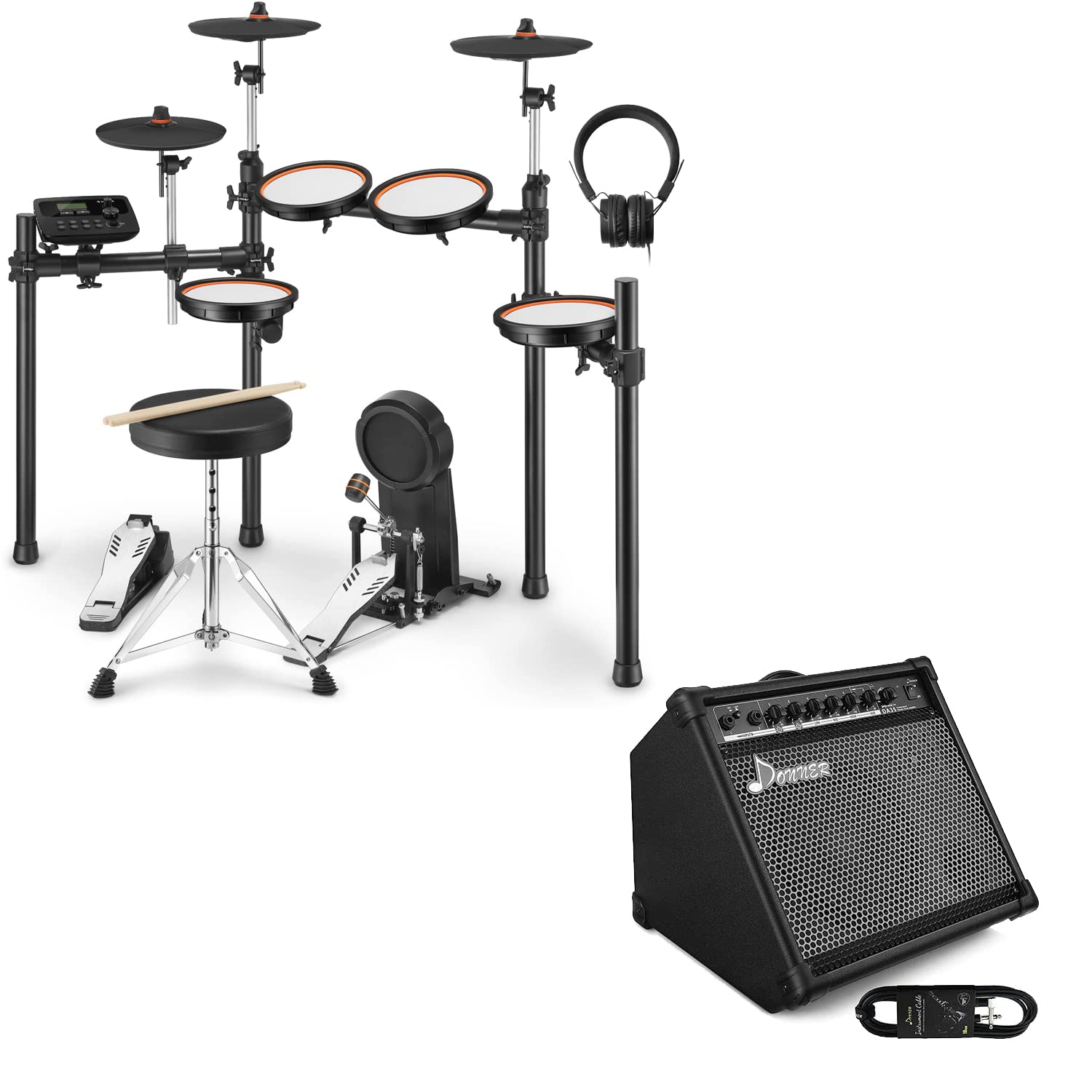 Donner DED-100 Electric Drum Set, Electric Drum for Beginner/Intermediate and Donner Electric Drum AMP 35-Watt with Aux in and Wireless Audio Connection