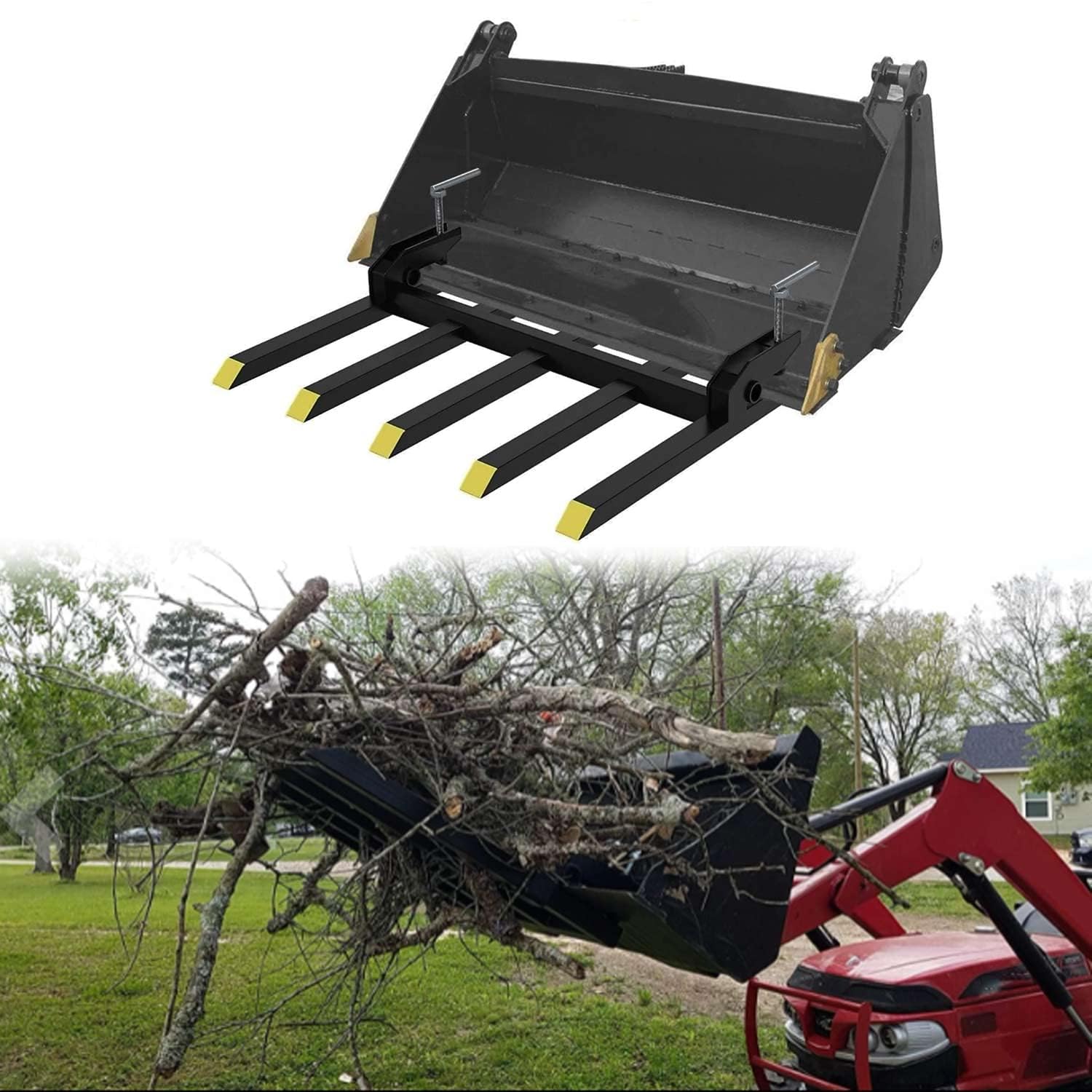 Clamp-on Debris Fork Attaches to a 48" Tractor Bucket to Clean up Fallen Limbs, Debris, or Yard Wwaste.