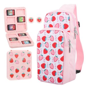 gldram pink strawberry travel bag for nintendo switch/oled/lite, cute carrying case portable sling shoulder bag accessories bundle for switch with game card case holder & 2 thumb grip caps for girls