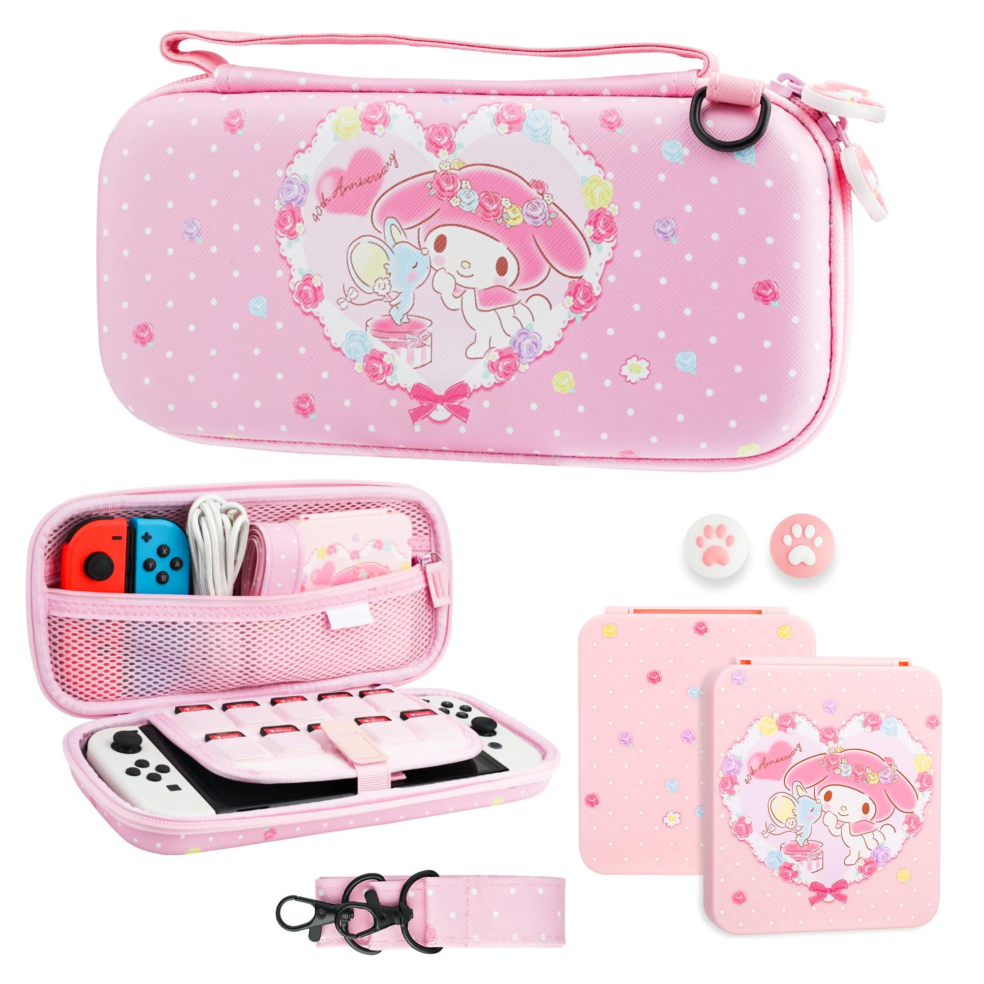 GLDRAM Pink Carrying Case Bundle for Nintendo Switch & OLED Modle, Cute Anime Switch Travel Case with Bunny, Portable Carrying Accessories Kit with Shoulder Strap, Game Card Case, Thumb Grip Caps