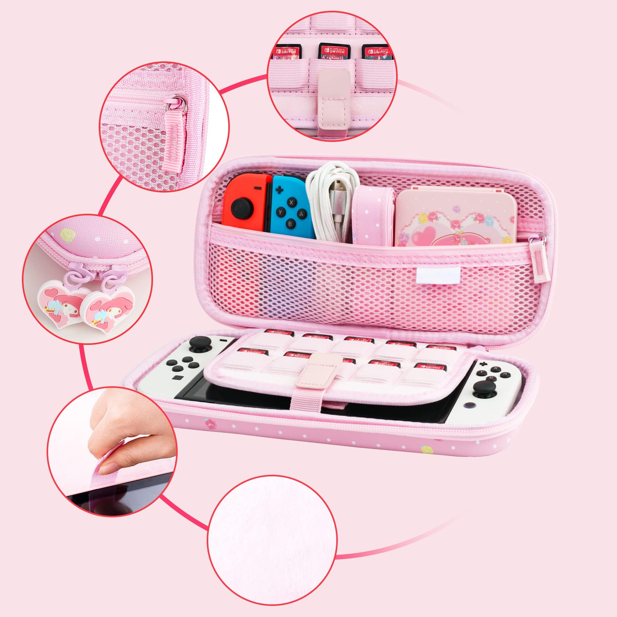 GLDRAM Pink Carrying Case Bundle for Nintendo Switch & OLED Modle, Cute Anime Switch Travel Case with Bunny, Portable Carrying Accessories Kit with Shoulder Strap, Game Card Case, Thumb Grip Caps