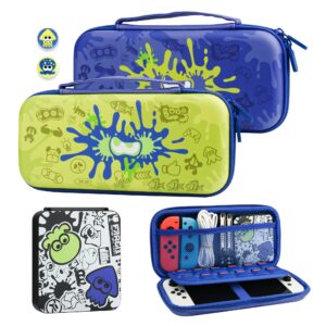 gldram carrying case bundle for nintendo switch and switch oled, theme for splatoon 3 travel case for switch, carrying accessories kit with game case, thumb grip caps