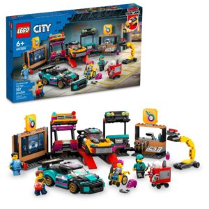 lego city custom car garage 60389, toy garage building set with 2 customizable cars and car accessories, pretend play mechanic toy with 4 minifigures, gift idea for christmas for 6 year old kids