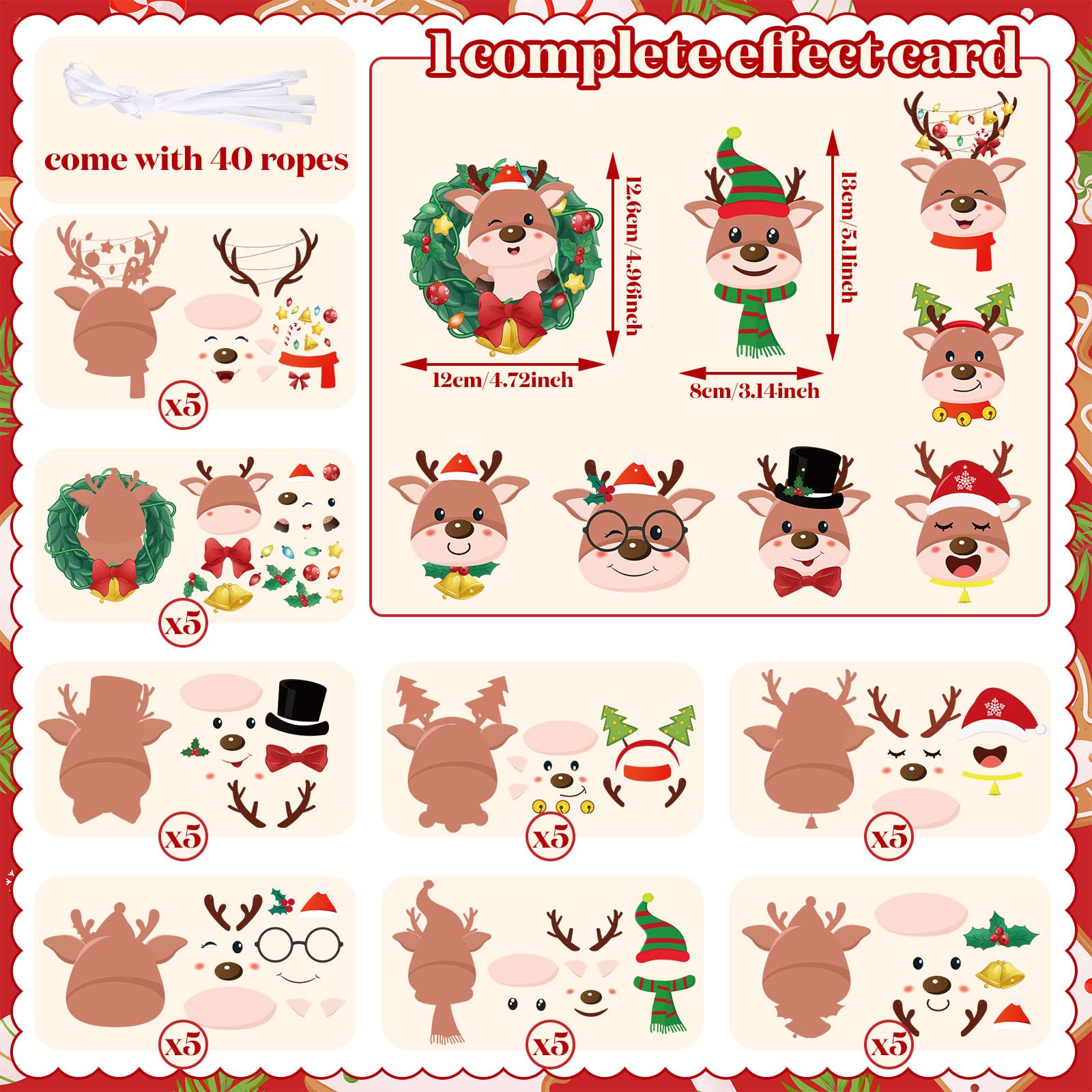 Yinder 48 Pcs Christmas Craft Kit Bulk Christmas Arts and Crafts DIY Christmas Tree Ornament Kit Make Your Own Xmas Tree Ornaments Self Adhesive Sticker Sheets for Xmas Tree(Christmas Reindeer)