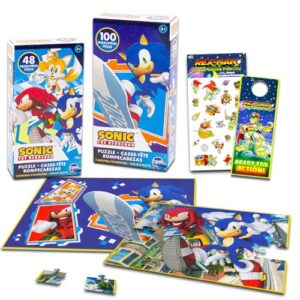 sonic the hedgehog puzzle for kids set - bundle with 2 sonic puzzles, stickers, more | 48 pc, 100 pc sonic puzzles for kids ages 4-8