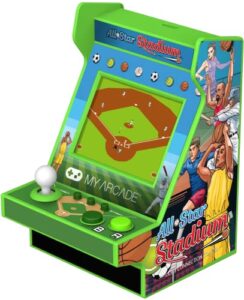 my arcade all star stadium nano player- portable mini arcade machine with 207 retro games, 2.4" screen, green, tiny arcade