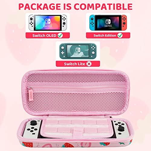 GLDRAM Pink Strawberry Carrying Case for Nintendo Switch & OLED Modle, Portable Switch Travel Protector with Cute Game Card Case, Shoulder Strap & 2 Thumb Caps, Switch Accessories Bundle for Girls