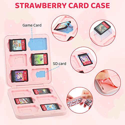 GLDRAM Pink Strawberry Carrying Case for Nintendo Switch & OLED Modle, Portable Switch Travel Protector with Cute Game Card Case, Shoulder Strap & 2 Thumb Caps, Switch Accessories Bundle for Girls