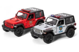 kinsmart jeep wrangler fire & police edition 5" 1:34 scale die cast metal model toy car (setof2)