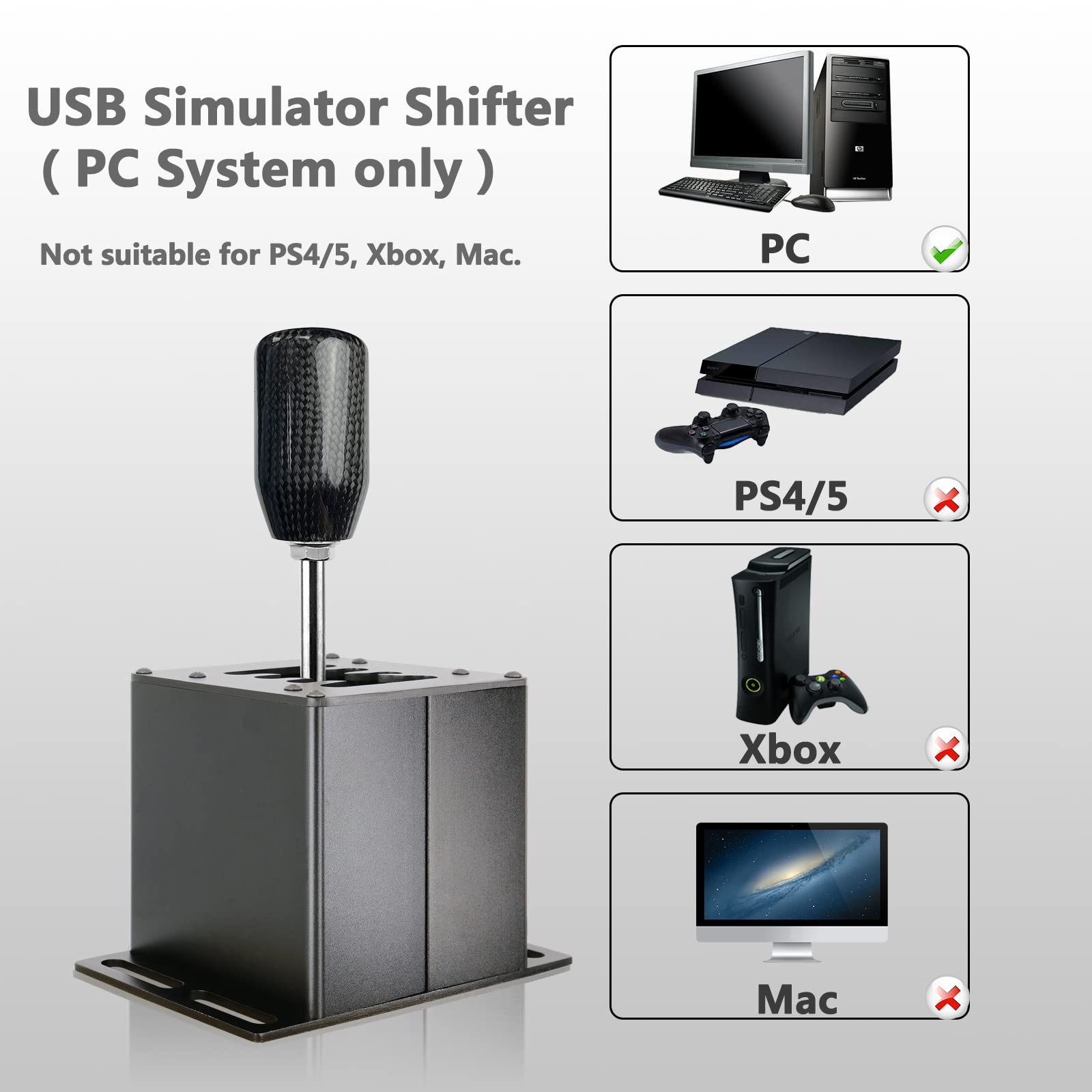 USB Simulator Shifter ,Applicable for Logitech G29 /G27 /G25 /G920 Thrustmaster , T300RS/GT Steering Wheel , Compatible ATS ETS Dust WRC Sim Racing Games H Shifter with Carbon Fiber Grip 7+R (PC System only)