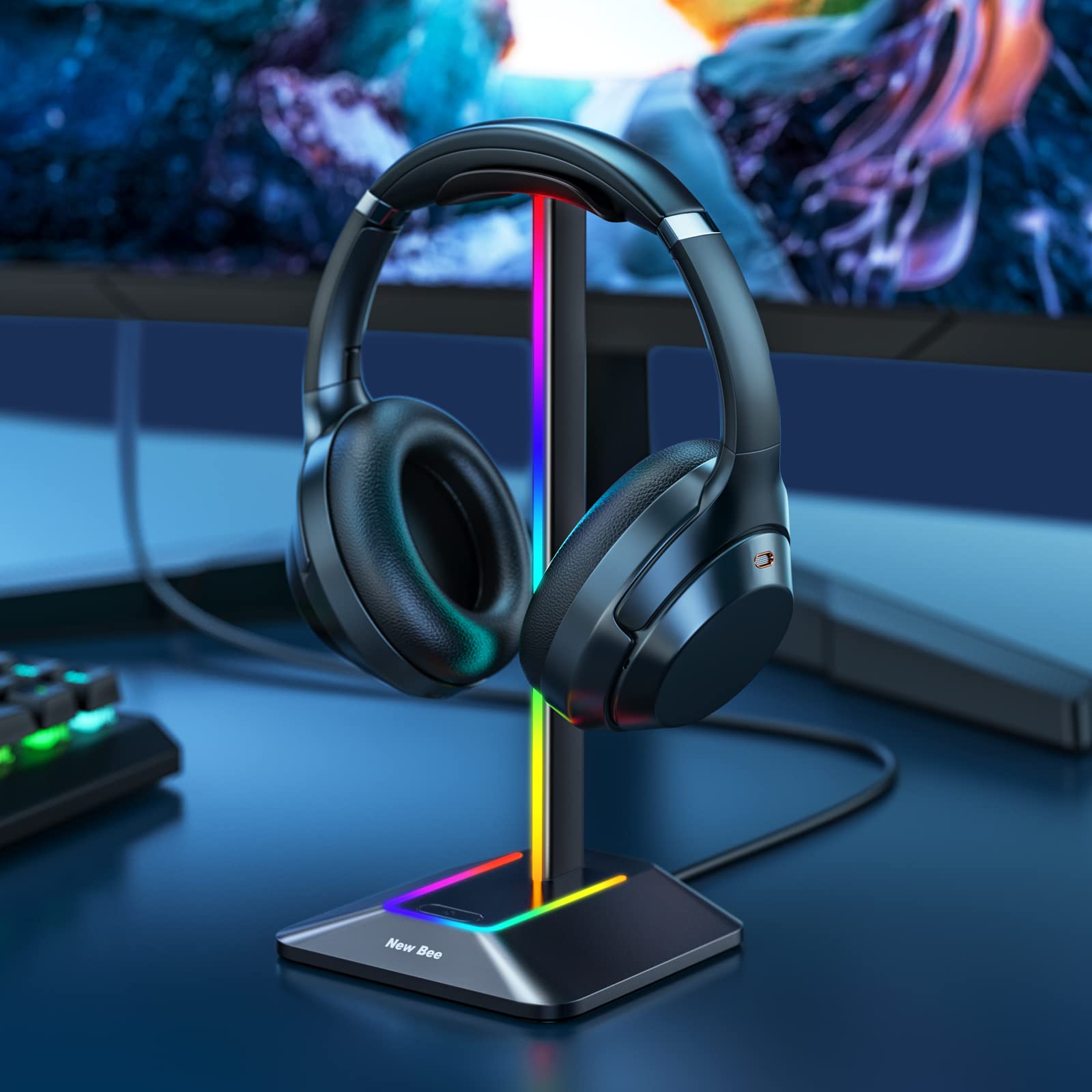 New bee RGB Headphone Stand Desk Gaming Headset Holder with 7 Light Modes and Non-Slip Rubber Base Suitable for All Earphone Accessories(Black)