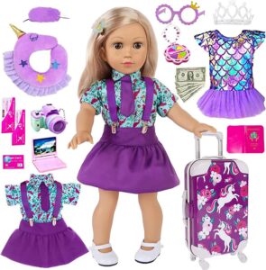 25pc 18 inch girl doll clothes and accessories travel case luggage school play set with pillow camera sunglasses for 18 inch dolls travel storage for girls (no doll)