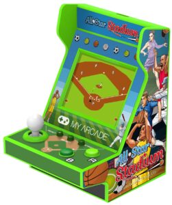 my arcade all star stadium pico player- fully playable portable tiny arcade machine with 107 retro games, toys for kids, 2" screen, green, small (dgunl-4120)