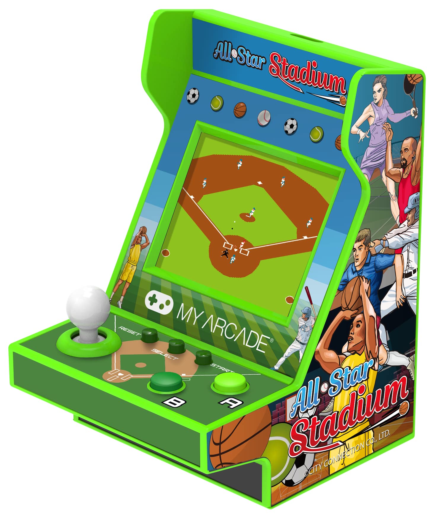 My Arcade All Star Stadium Pico Player- Fully Playable Portable Tiny Arcade Machine with 107 Retro Games, Toys for Kids, 2" Screen, Green, Small (DGUNL-4120)