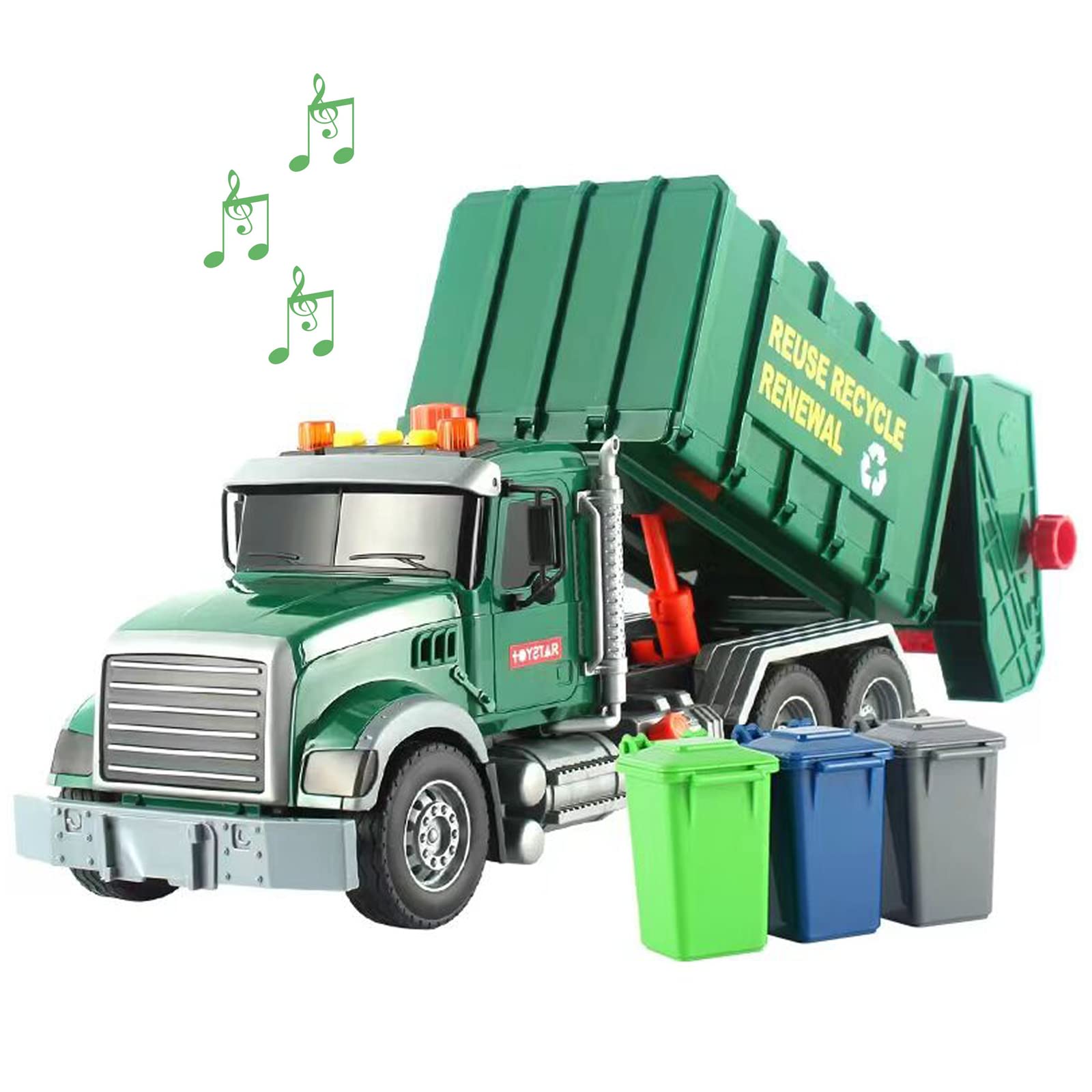 IYEAM 15" Big Garbage Truck Toy, Friction Powered Garbage Truck with Lights and Sounds, Kids Recycling Trash Truck with 3 Trash Cans, Boys & Girls Gifts