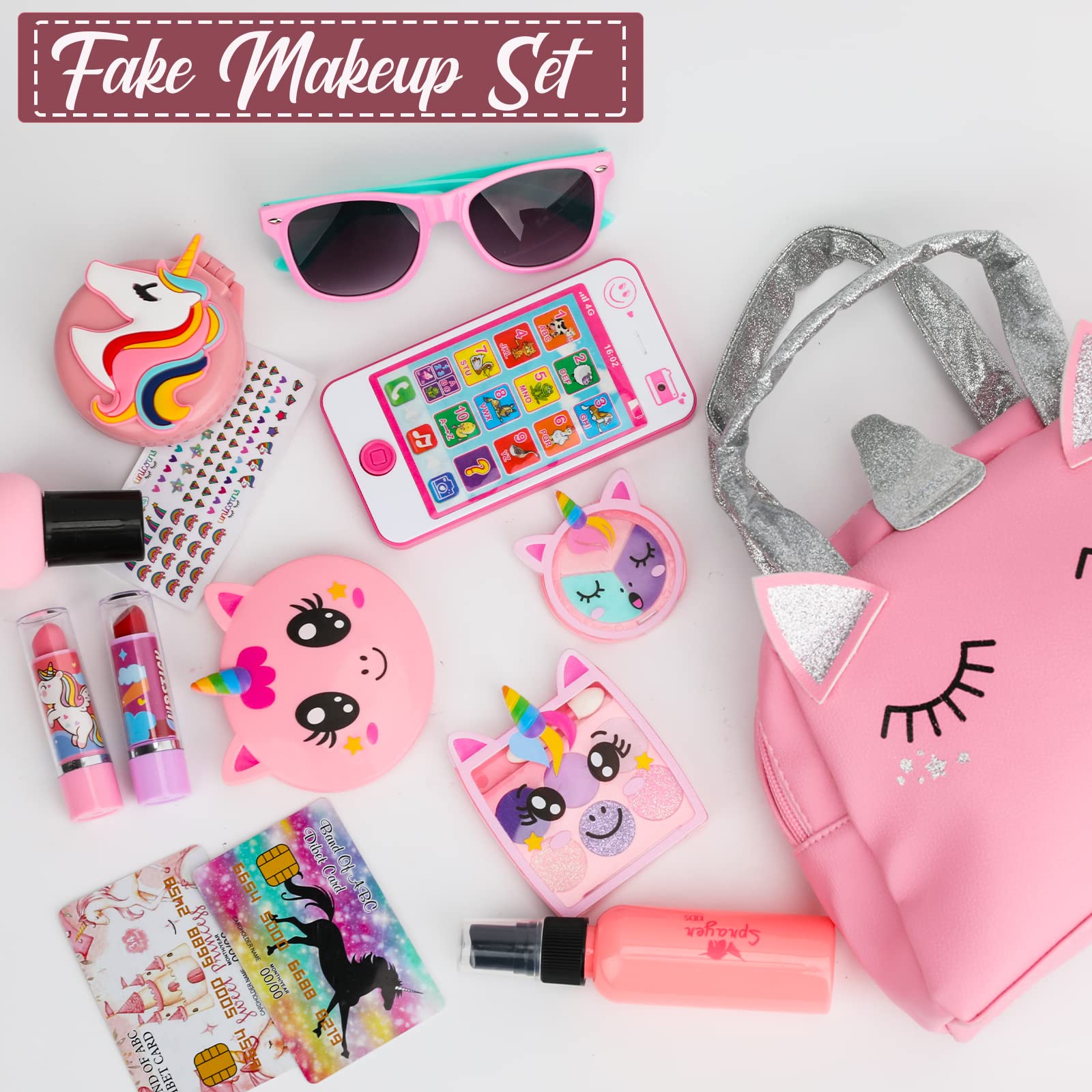 Play Purse Little Girls Toys - Fake Pretend Makeup for Toddlers with Girls Purse Pretend Play Girls Toys for 3 4 5 6 Year Old Toddler Purse Fake Kids Phone Birthday Gifts for Girls