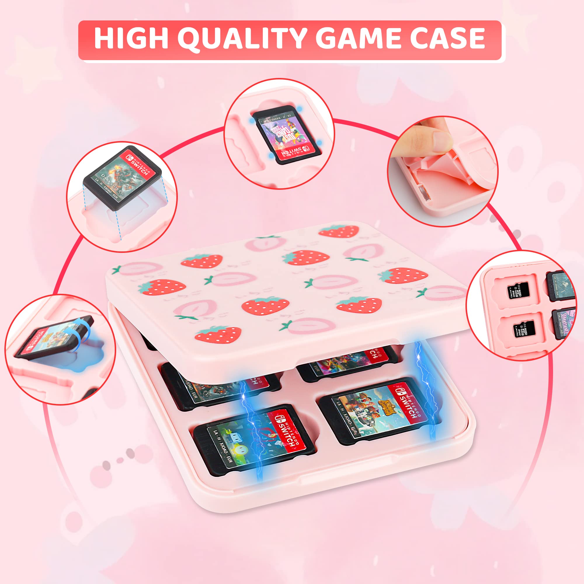 RHOTALL Cute Carrying Case for Nintendo Switch & Switch OLED Cover, Hard Portable Travel Case for Switch Accessories with Game Case, 2 Joy Con Shell, Shoulder Strap, and 2 Thumb Caps - Pink Strawberry