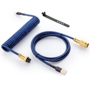 gunmjo starlight coiled usb c keyboard cable for gaming keyboard, double-sleeved mechanical keyboard cable with detachable metal aviator, 1.5m usb-c to usb-a, blue color with gold aviator connector