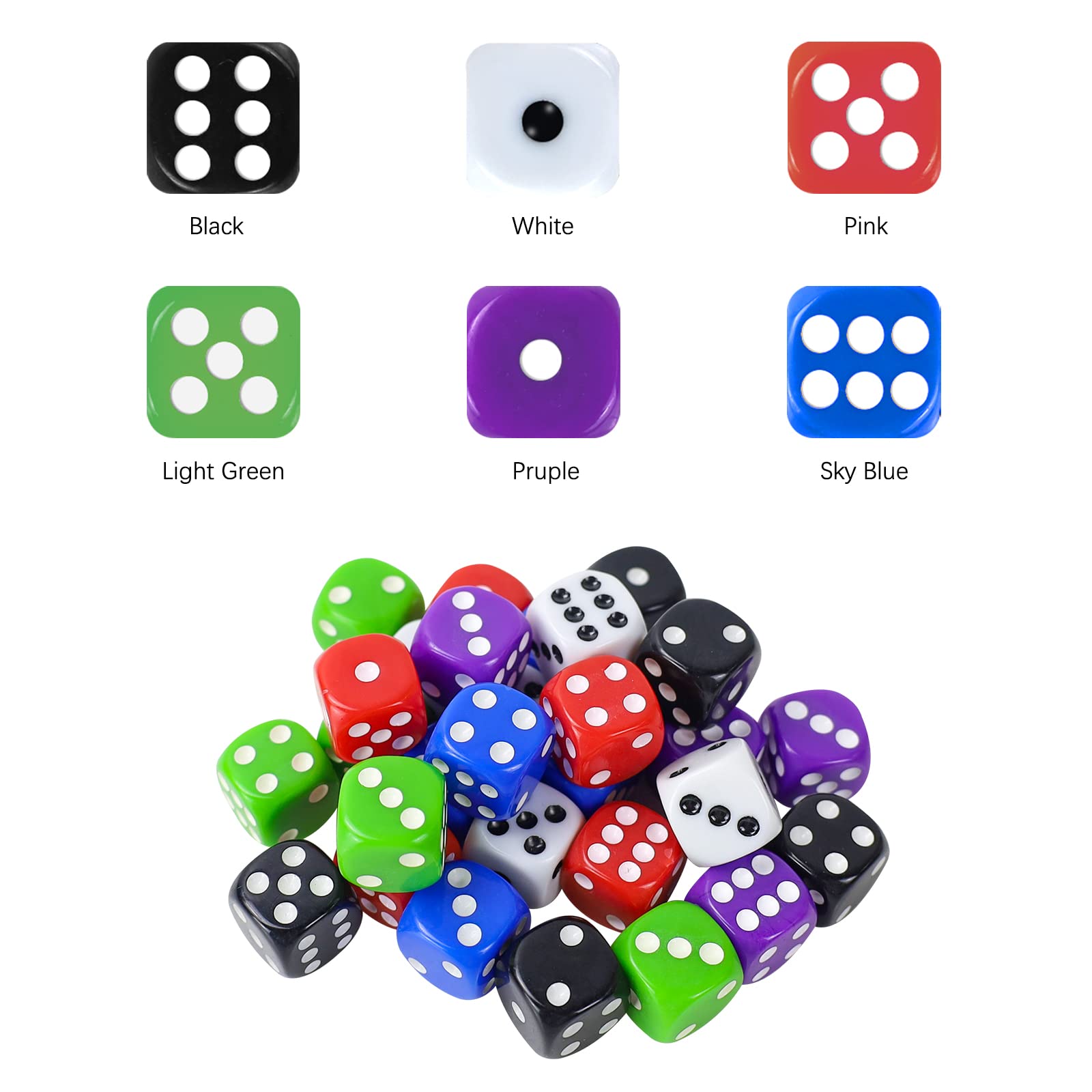 6 Sided Dice Set 10 Colors 16mm Acrylic Game Dice for DND, MTG, RPG, Tenzi, Yahtze, Bunco, Table Borad Games, Math Teaching (30 Pieces 6 Colors)