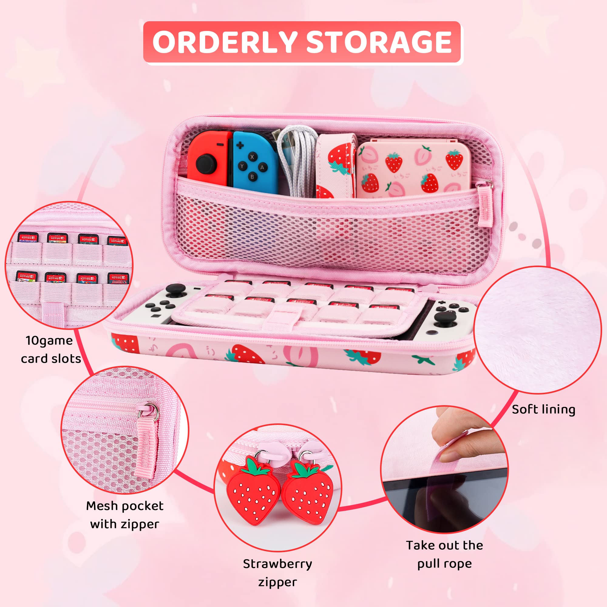 RHOTALL Cute Carrying Case for Nintendo Switch & Switch OLED Cover, Hard Portable Travel Case for Switch Accessories with Game Case, 2 Joy Con Shell, Shoulder Strap, and 2 Thumb Caps - Pink Strawberry