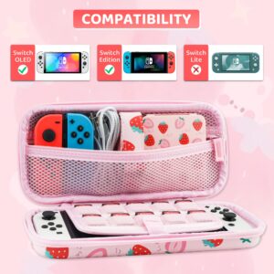 RHOTALL Cute Carrying Case for Nintendo Switch & Switch OLED Cover, Hard Portable Travel Case for Switch Accessories with Game Case, 2 Joy Con Shell, Shoulder Strap, and 2 Thumb Caps - Pink Strawberry