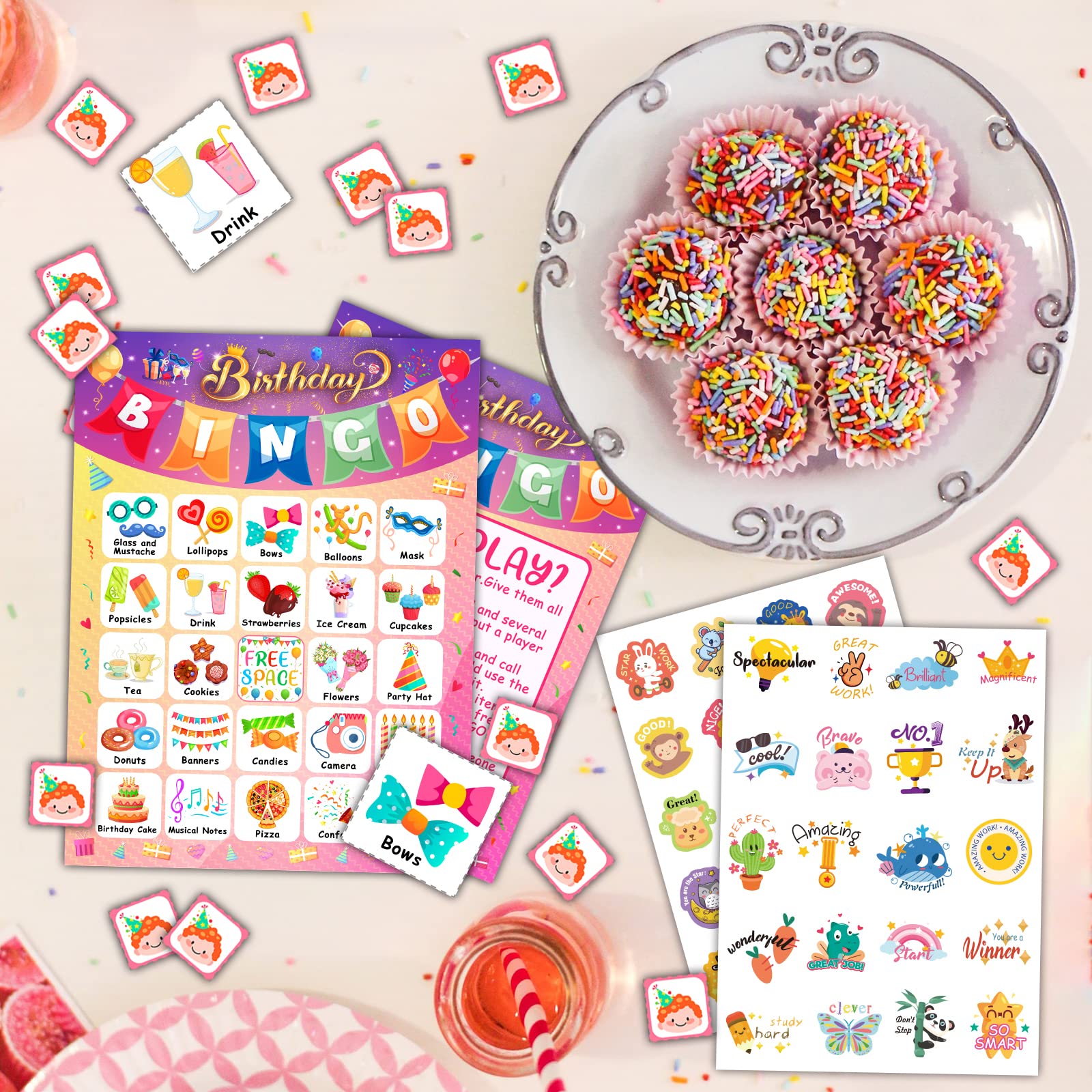 Birthday Bingo Game for Kids Toddlers 24 Players Happy Birthday Bingo Cards with 40Pcs Reward Stickers School Family Party Favors Gifts Classroom Activities Board Game Holiday