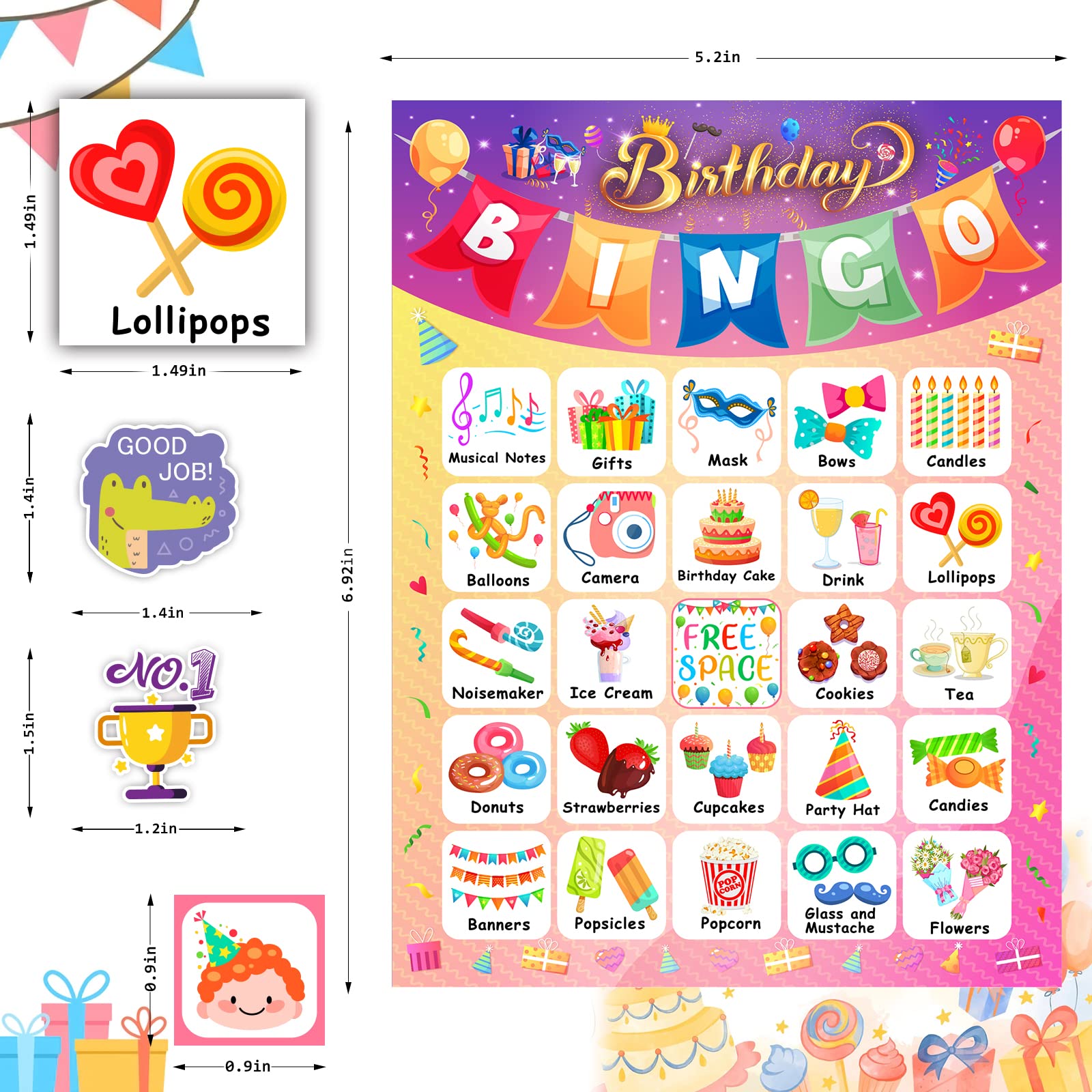 Birthday Bingo Game for Kids Toddlers 24 Players Happy Birthday Bingo Cards with 40Pcs Reward Stickers School Family Party Favors Gifts Classroom Activities Board Game Holiday