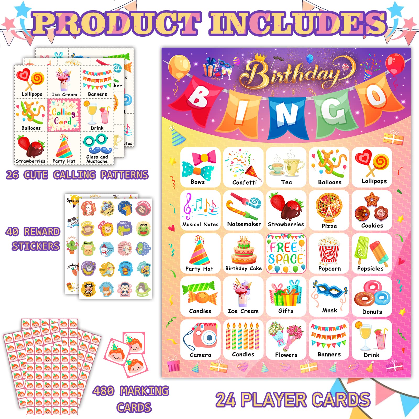 Birthday Bingo Game for Kids Toddlers 24 Players Happy Birthday Bingo Cards with 40Pcs Reward Stickers School Family Party Favors Gifts Classroom Activities Board Game Holiday