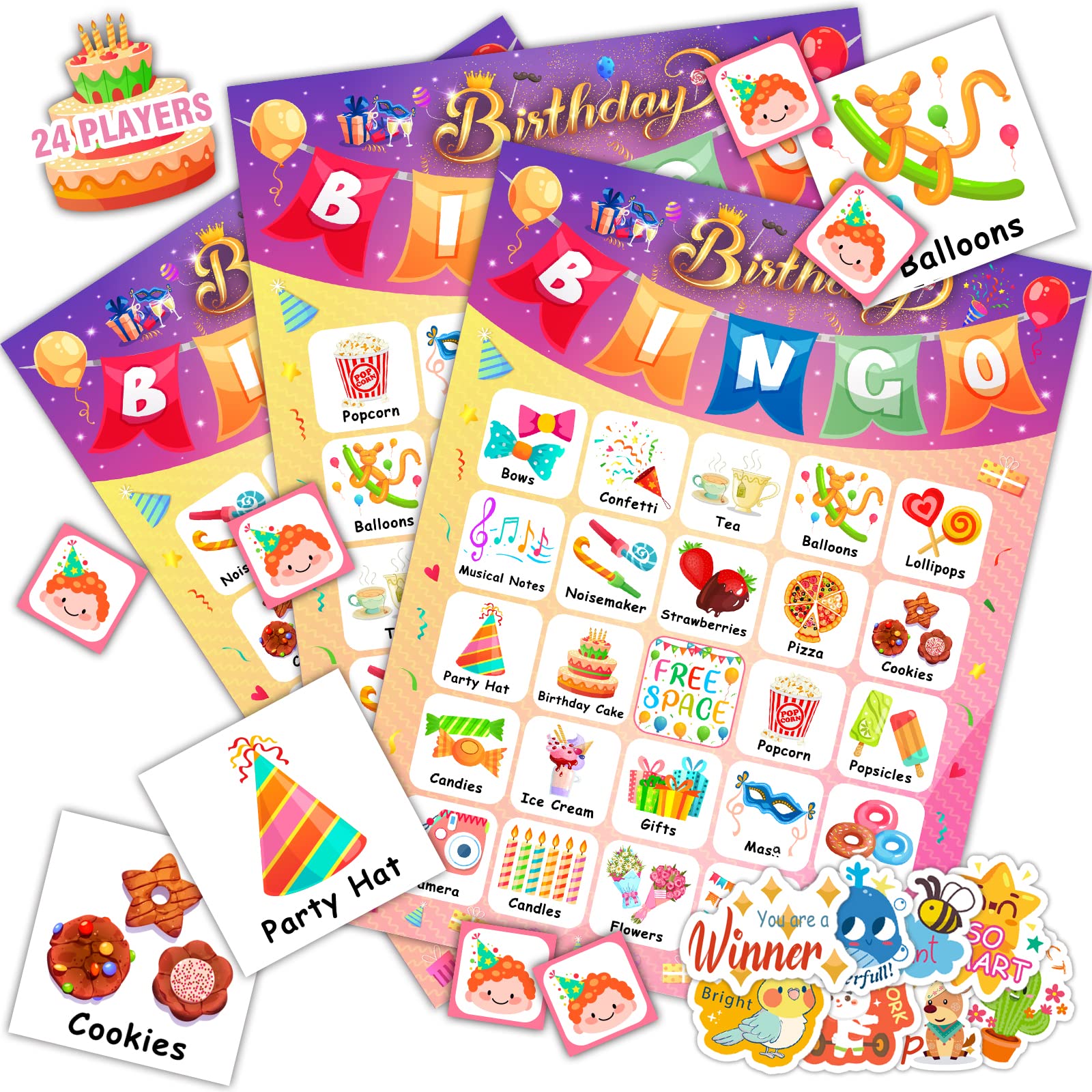 Birthday Bingo Game for Kids Toddlers 24 Players Happy Birthday Bingo Cards with 40Pcs Reward Stickers School Family Party Favors Gifts Classroom Activities Board Game Holiday