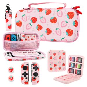 rhotall cute carrying case for nintendo switch & switch oled cover, hard portable travel case for switch accessories with game case, 2 joy con shell, shoulder strap, and 2 thumb caps - pink strawberry