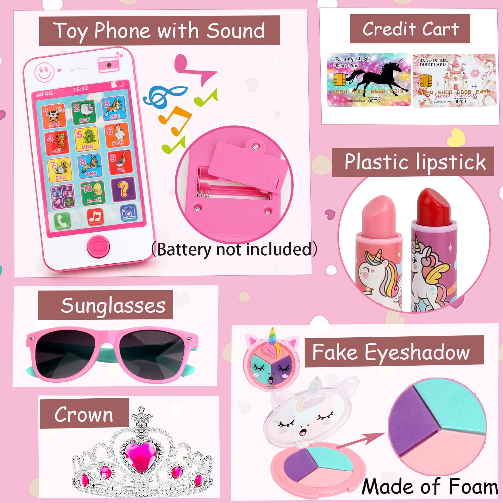 Play Purse Little Girls Toys - Fake Pretend Makeup for Toddlers with Girls Purse Pretend Play Girls Toys for 3 4 5 6 Year Old Toddler Purse Fake Kids Phone Birthday Gifts for Girls