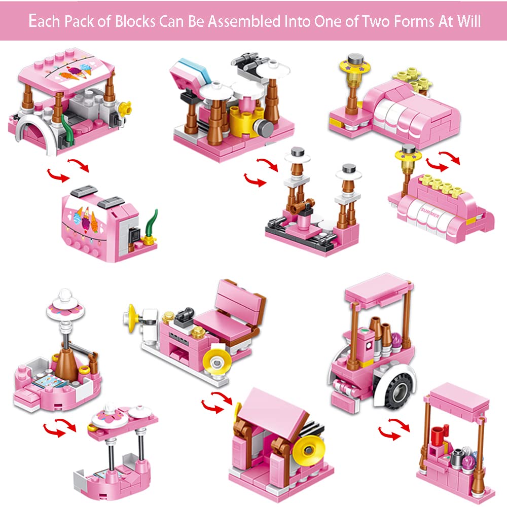 Ulanlan Girls Building Blocks Toys 553 Pieces Ice Cream Truck Set Toys for Girls 25 Models Pink Building Bricks Toys STEM Toys Construction Play Set for Kids Best Gifts for Girls Age 6-12 and Up