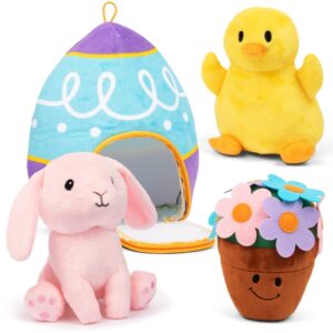 prextex easter egg stuffed animals plushie with toy accessories - zip up small toys with storage | kids stuffed animal dolls, baby gift bag, party favor, birthday gift set | baby boy & girl age 3-5+