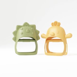 teethers for babies 6-12 months pack of 2 wearable weaning pacifier teether toy - little chick mini dino pacifier silicone toys for babies - yellow and green by muqee peeko