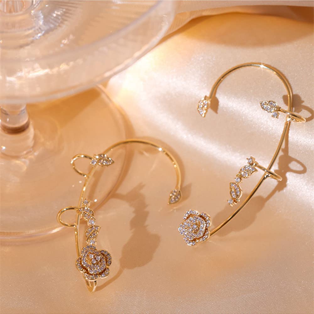 2PCS Women's Clip-On Earrings Hook Without Pierced Rose Flower Ear Bone Clip Ear Clip Butterfly (Rose Ear Clips)