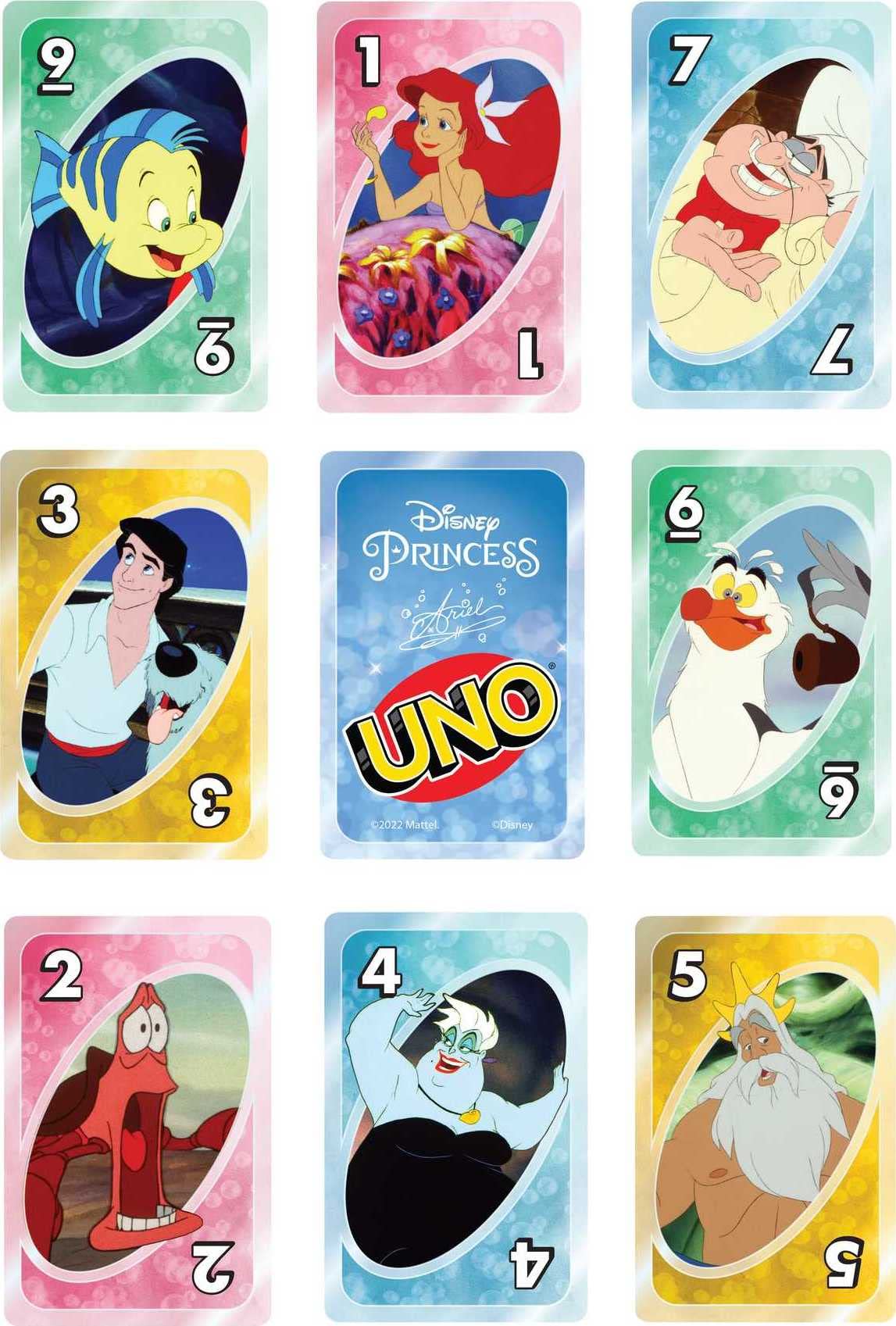 Mattel Games UNO Disney Princess The Little Mermaid Card Game for Family Night Featuring Movie Themed Graphics for 2-10 Players