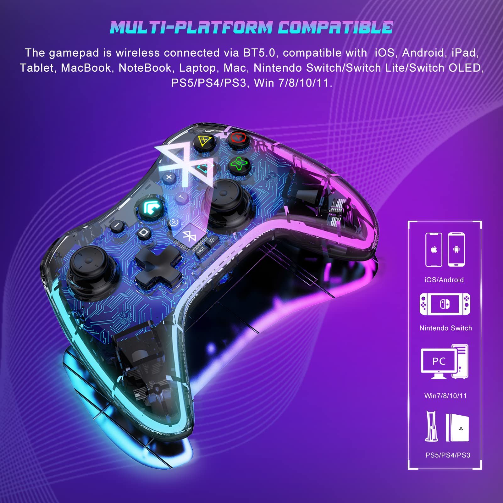 Joso Mobile Gaming Controller for iPhone/Android/PC/PS4 with RGB, Wireless Switch Controller with 6-Axis Gyro/Dual Vibration/Customized Buttons/Turbo, Transparent Mobile Gamepad with Phone Holder