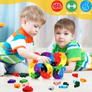 4 Pcs Alphabet Jigsaw Puzzle Building Blocks Animal Wooden Puzzle Wooden Alphabet Puzzle Snake Elephant Dinosaur Snail Blocks Toys ABC Alphabet Animal Puzzle for Preschool Learning