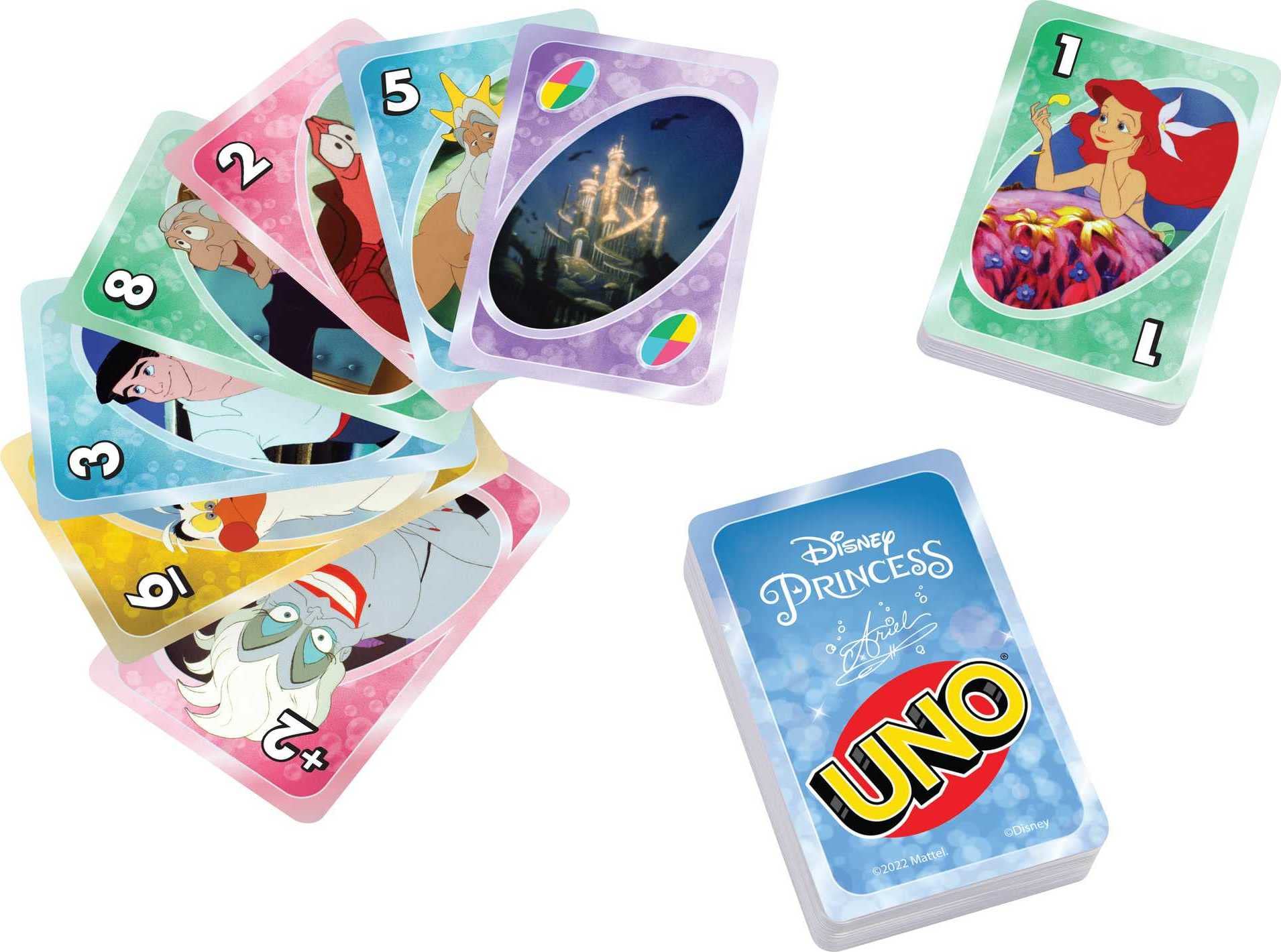 Mattel Games UNO Disney Princess The Little Mermaid Card Game for Family Night Featuring Movie Themed Graphics for 2-10 Players