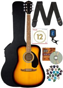 fender fa-125 dreadnought acoustic guitar - sunburst bundle with hard case, tuner, strings, strap, picks, and austin bazaar instructional dvd